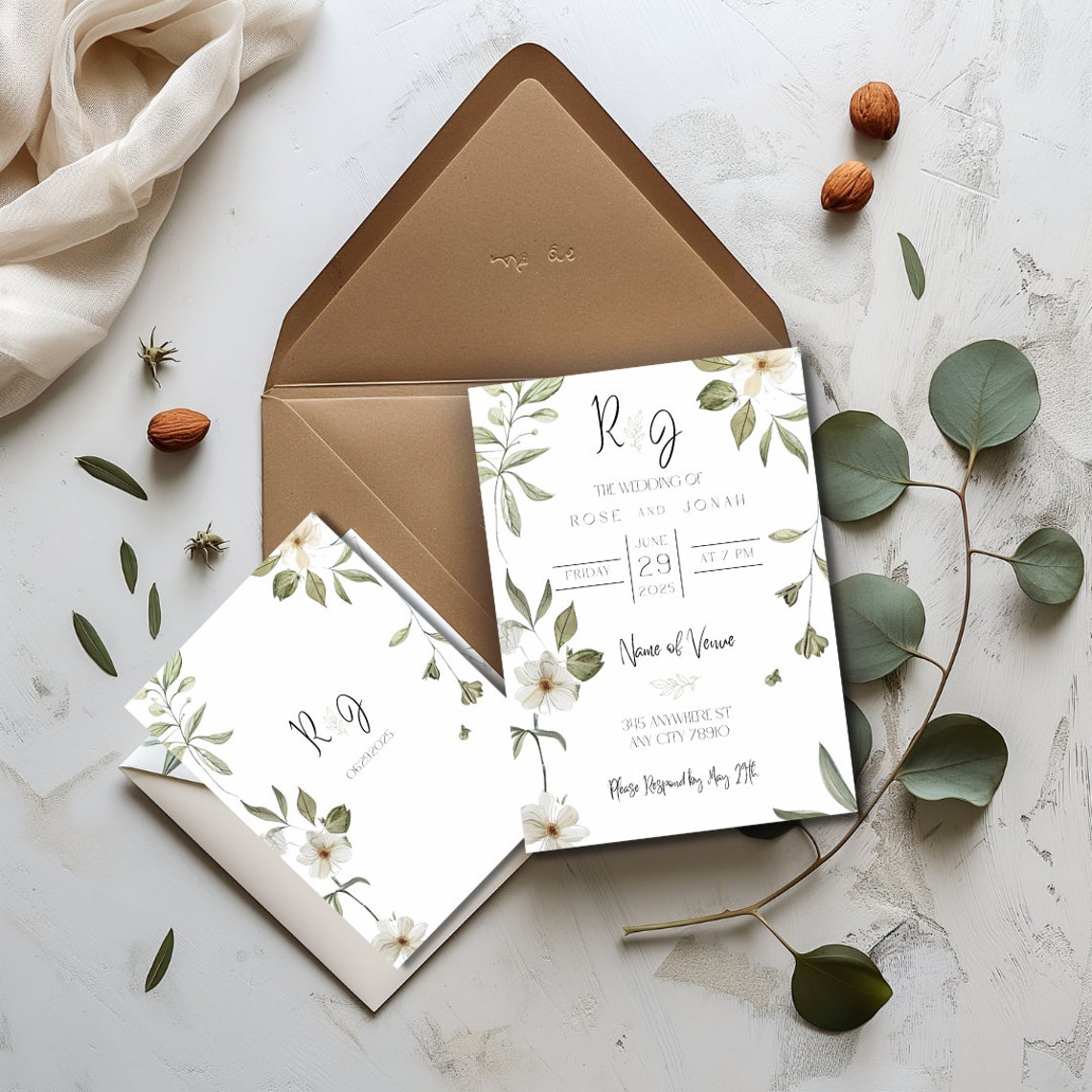 Simplistic Green and White Floral Wedding Invitation | Digital Download ...