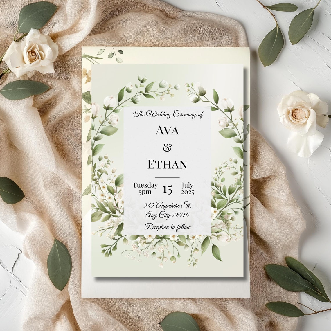 Light Green Floral Wedding Invitation Template | Digital Download - Etsy