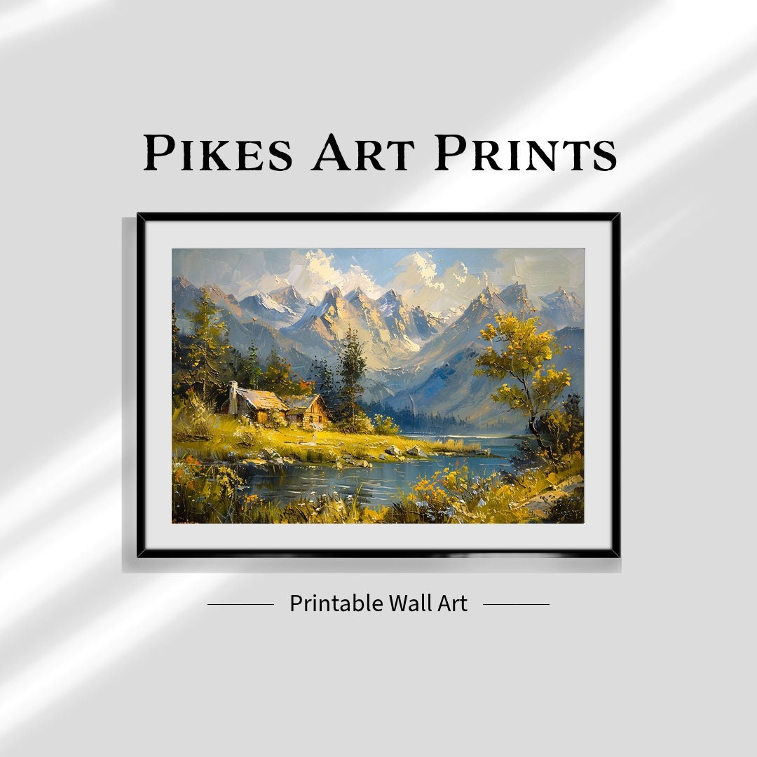 Mountain Cabin Art Download | Rustic Landscape Painting | Printable ...