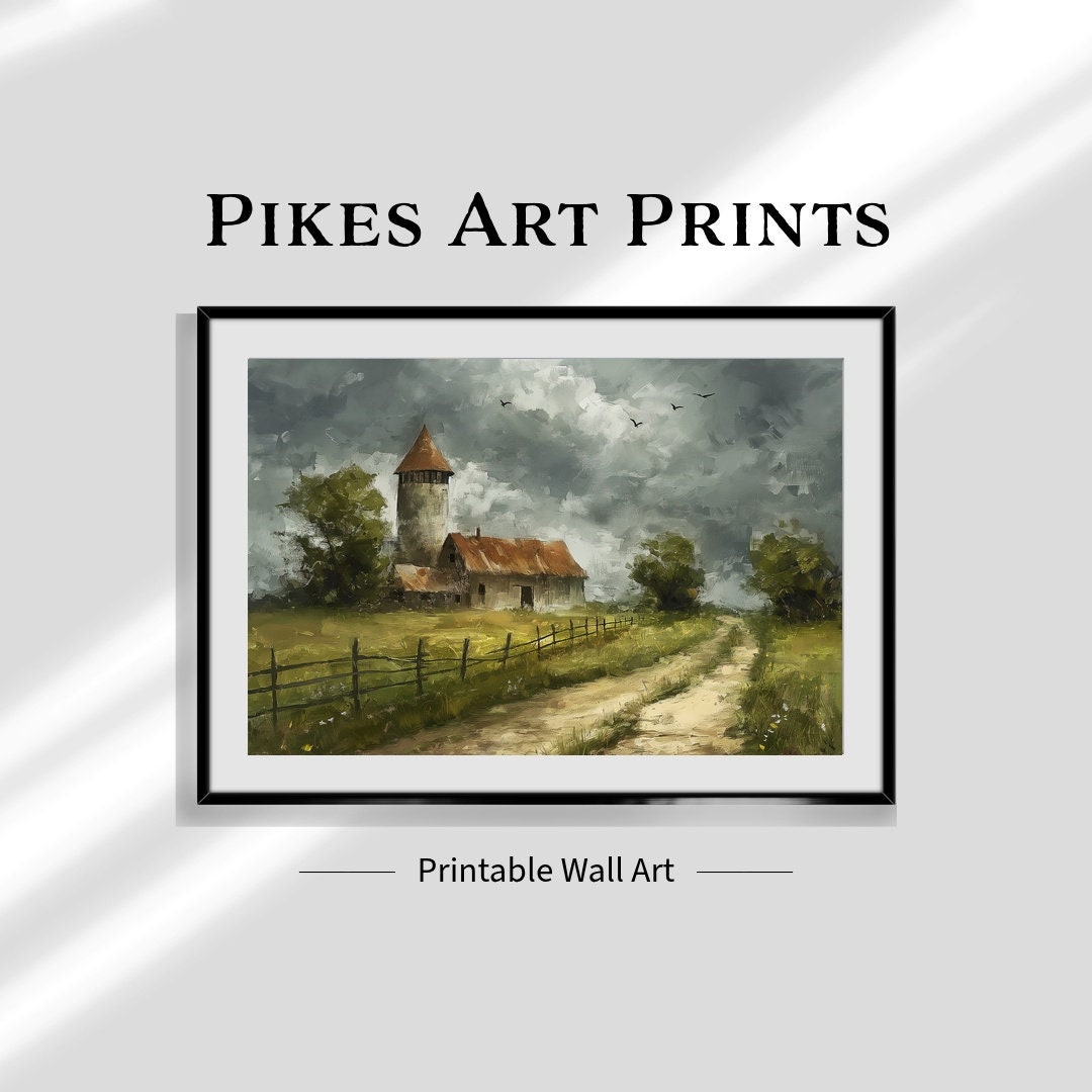 Rustic Countryside Church Art | Digital Landscape Download | Vintage ...