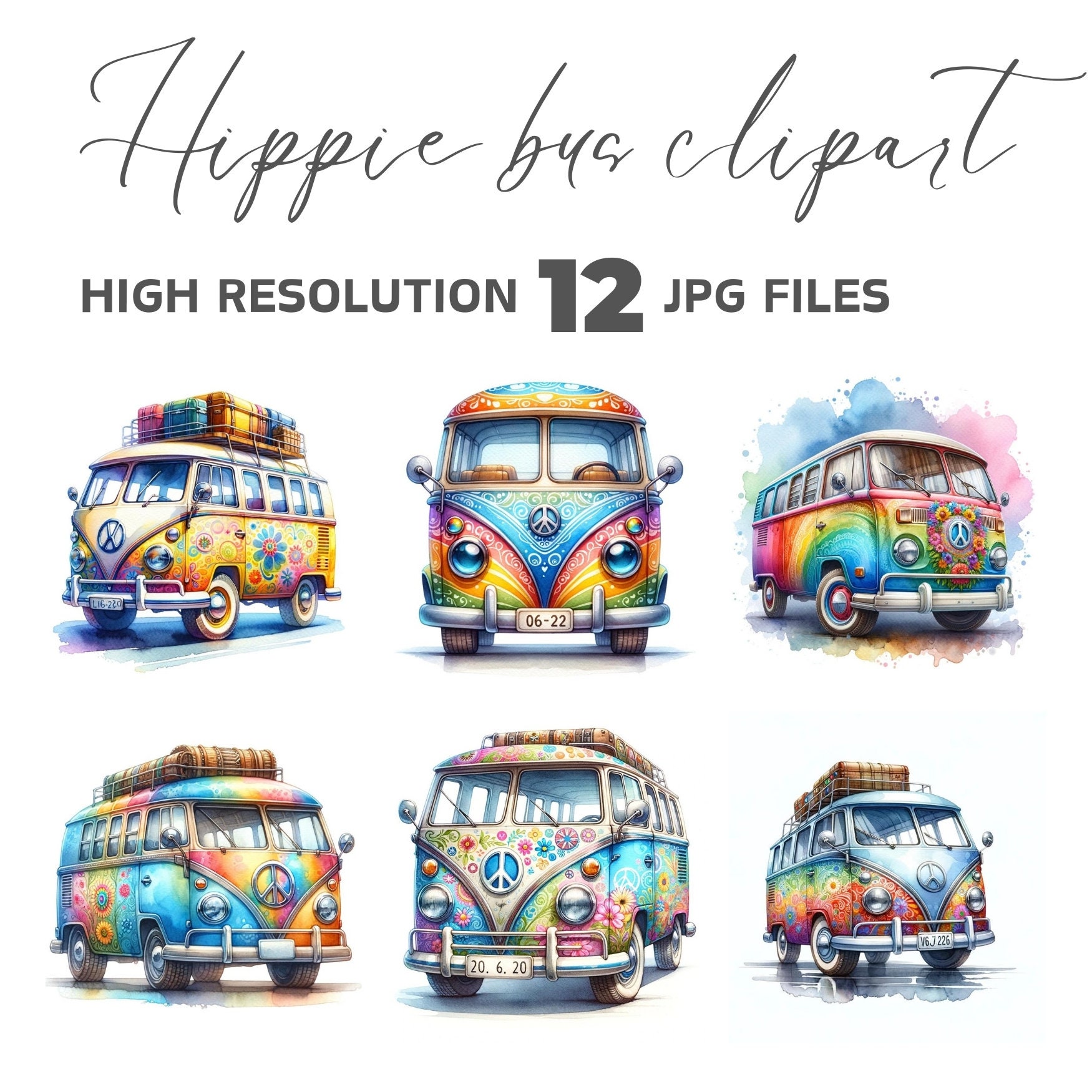 Vintage Hippie Van Watercolor Clipart for Digital Crafting and ...