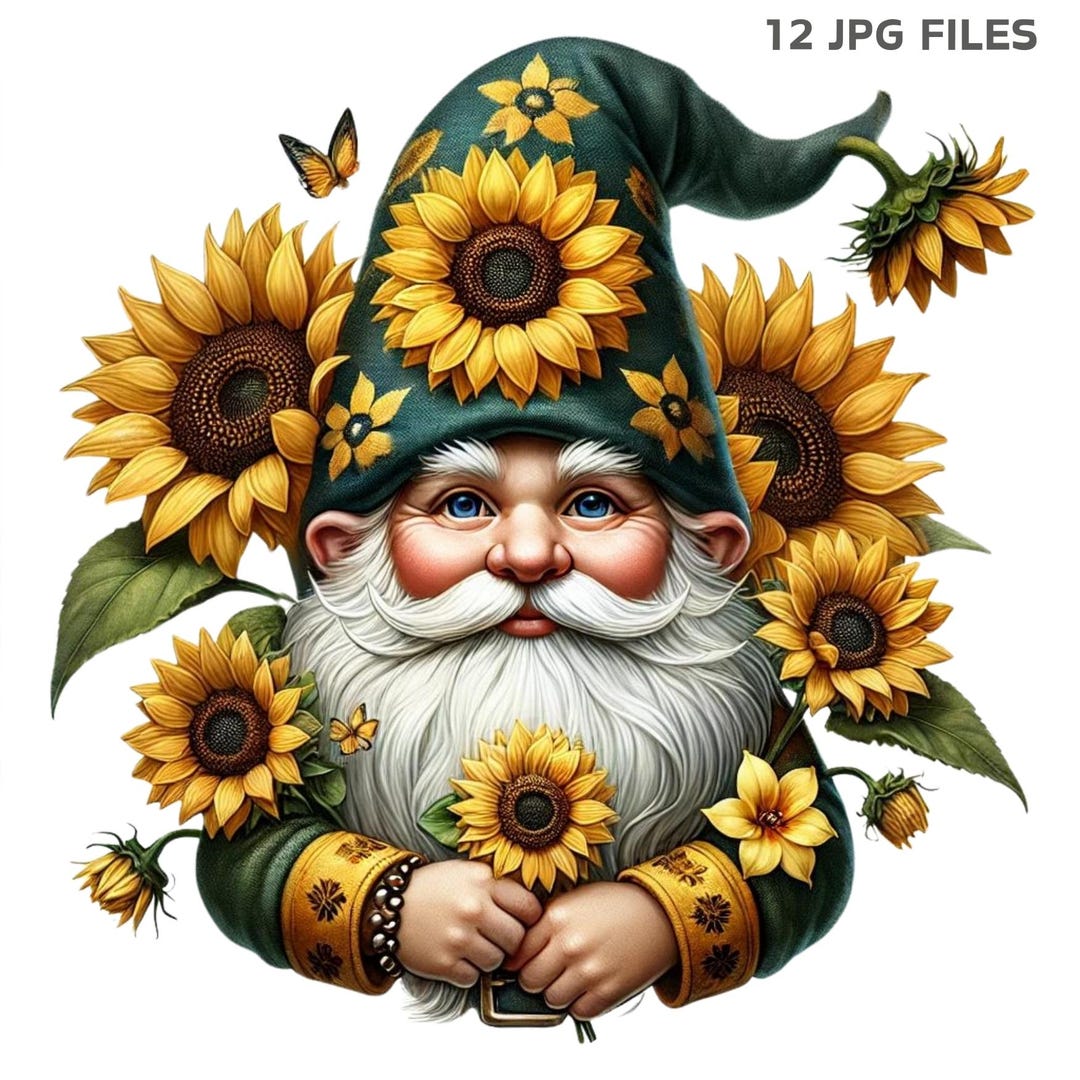 Sunflower Gnomes Clipart Bundle, Digital Crafting, Watercolor Summer ...