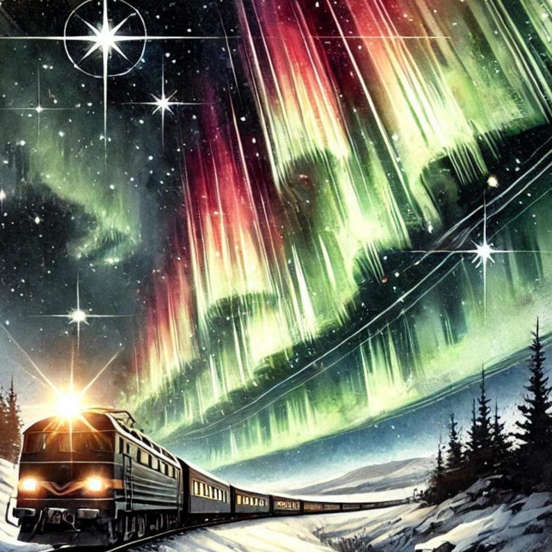Northern Lights Night Sky Train Clipart, Watercolor Locomotive Images ...
