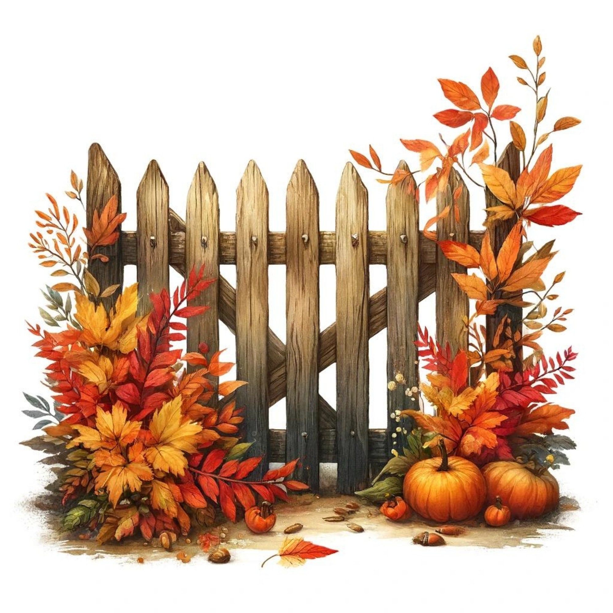 Autumn Garden Fence Watercolor Clipart Set, Digital Crafting, Fall Floral, Leaves, Scrapbook ...