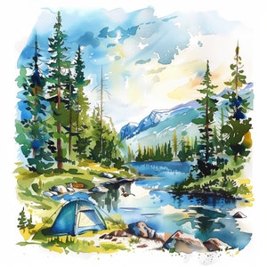 Glamping and Camping Clip Art Set, Watercolor Nature and Campfire ...
