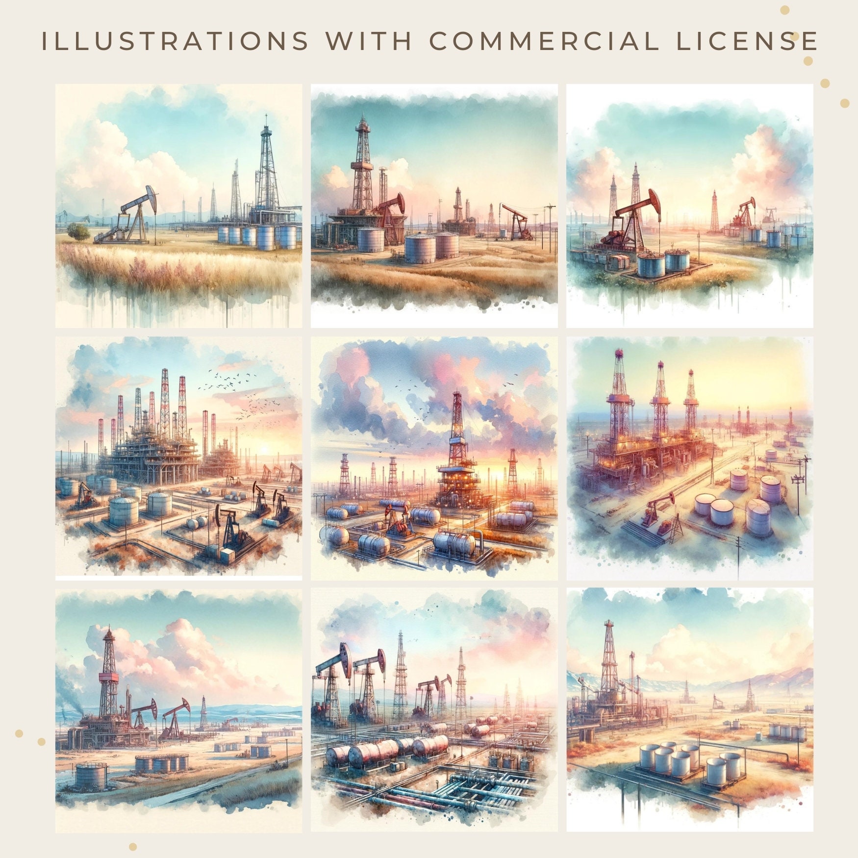 Watercolor Oilfield Landscape, Printable Artwork, Digital File, Oil Rig ...
