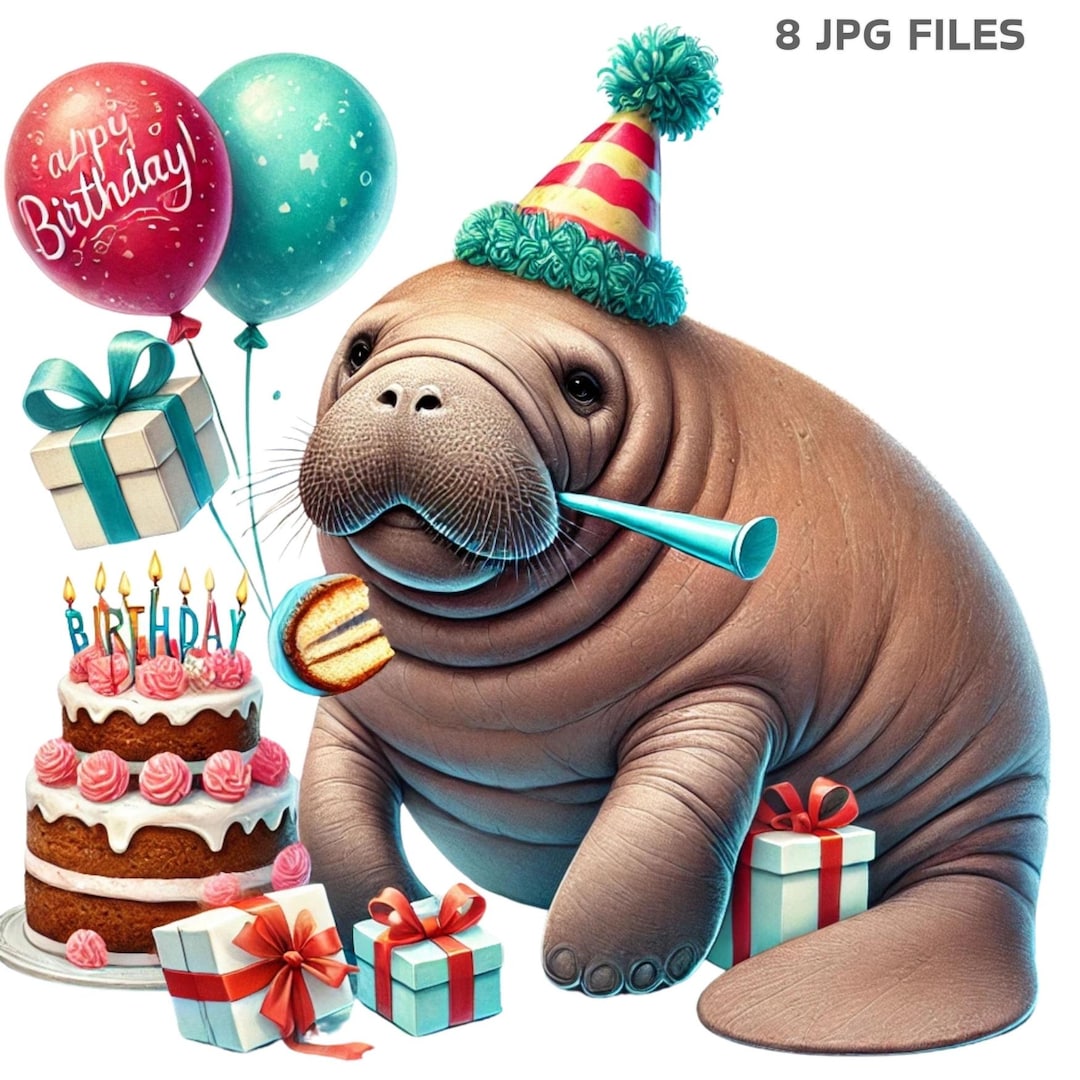 Birthday Manatee Clipart, Funny Cartoon Sea Cow for Scrapbooking, Card ...