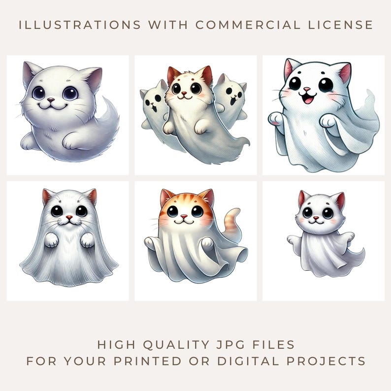 Ghost Cat Clipart Set, Cute Halloween Cat Illustrations for Crafting ...