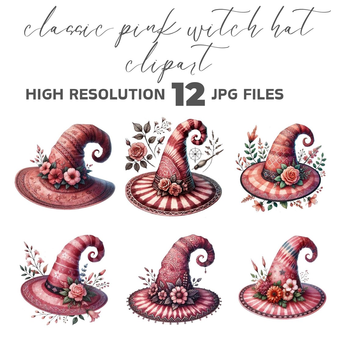 Classic Pink Witch Hat Clipart Set, Hippie Halloween Digital Download ...