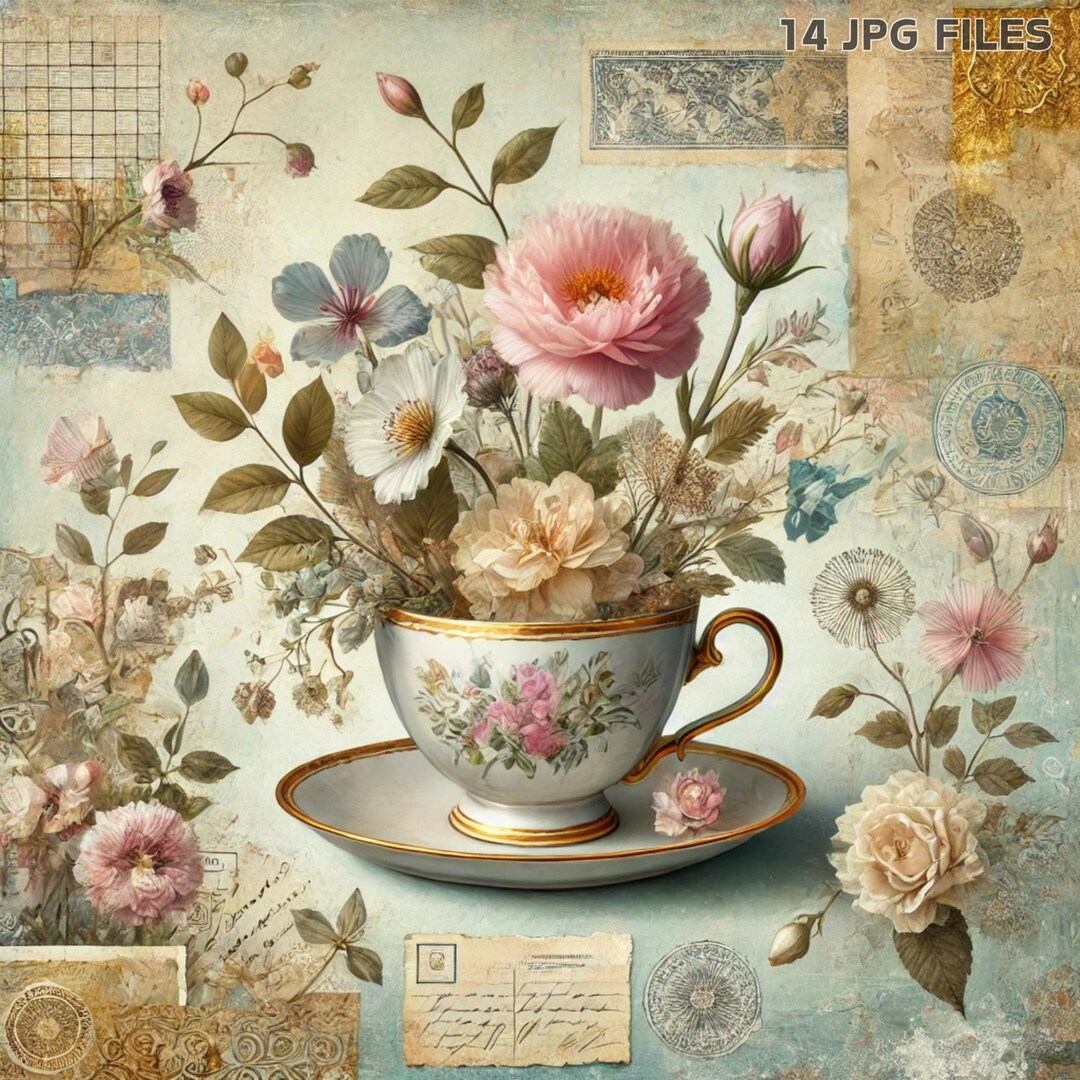 Blooming Teacup Digital Paper, Flowers Ephemera and Weathered Textures ...