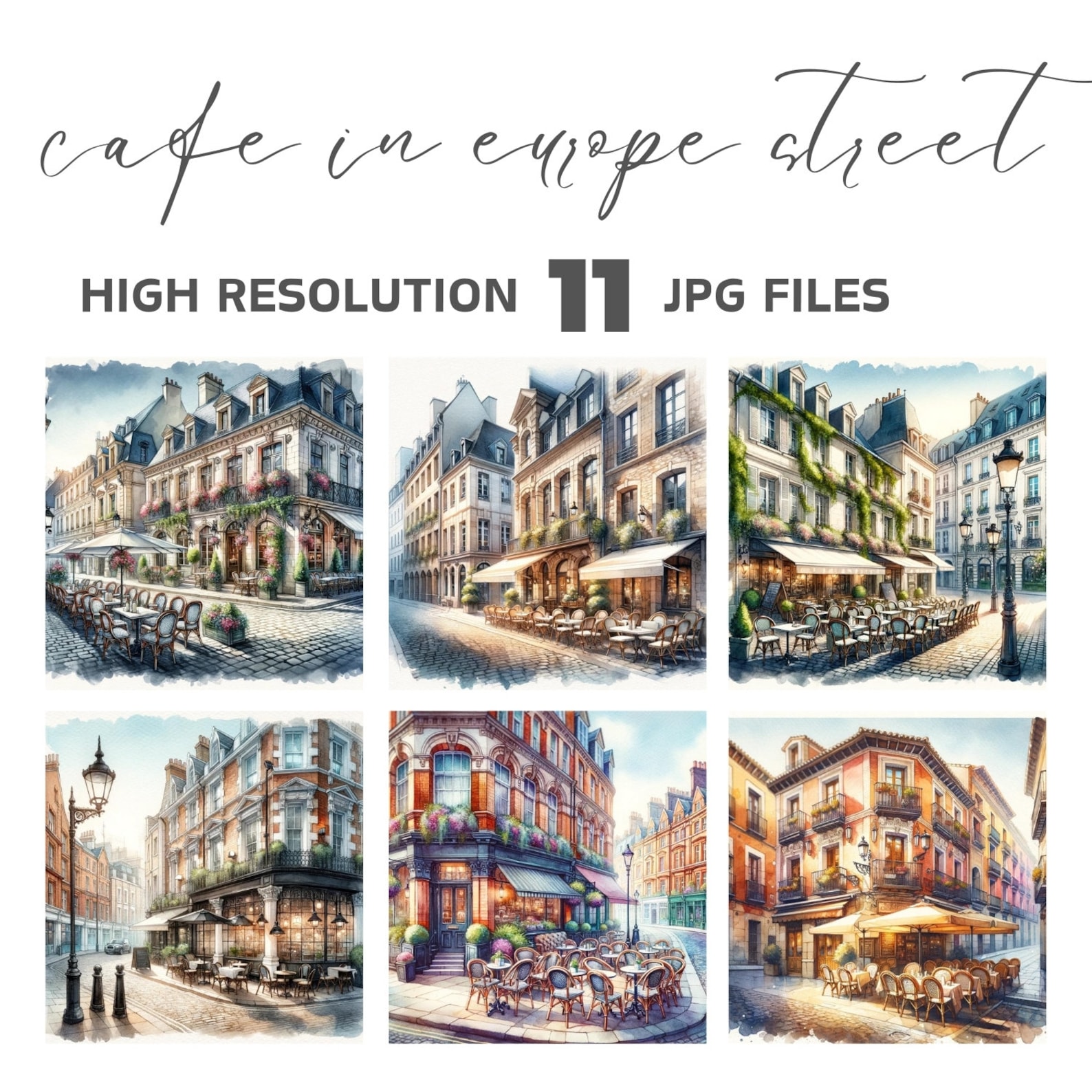 11 Watercolor Cityscape & Cafe in Europe Street JPG Files for ...