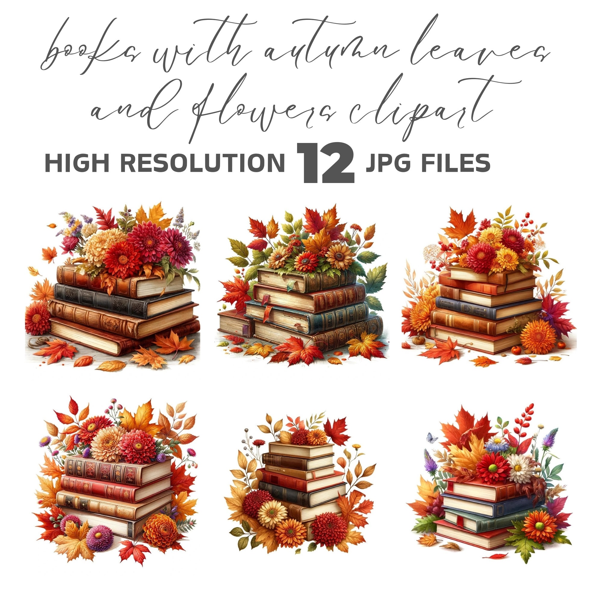 Books With Autumn Leaves and Flowers, Cozy Library Clipart Bundle ...