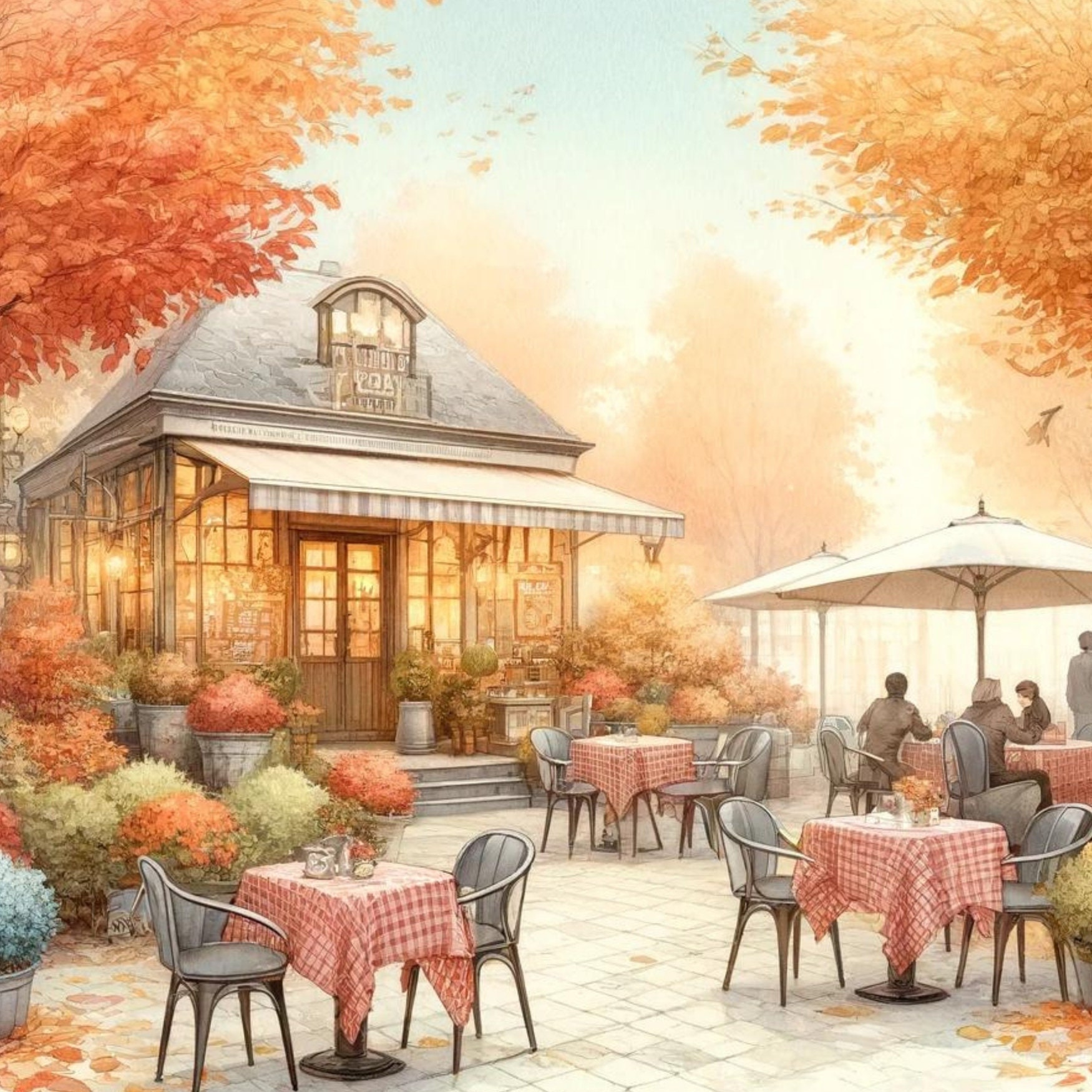 Autumn Cafe Watercolor Landscape Clipart Set, Digital Download for ...