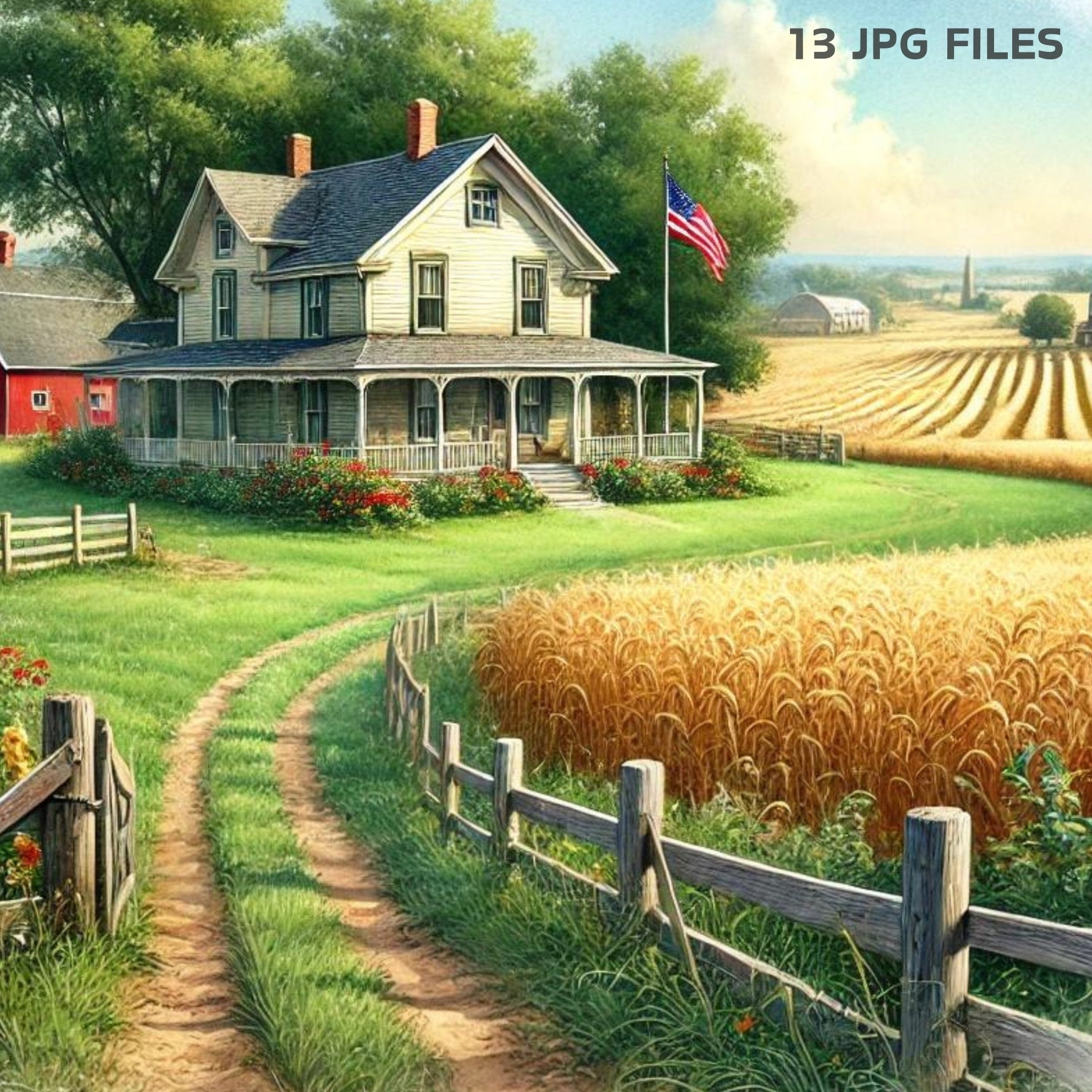 American Homestead Landscape Clipart, Digital Crafting Files for Junk ...