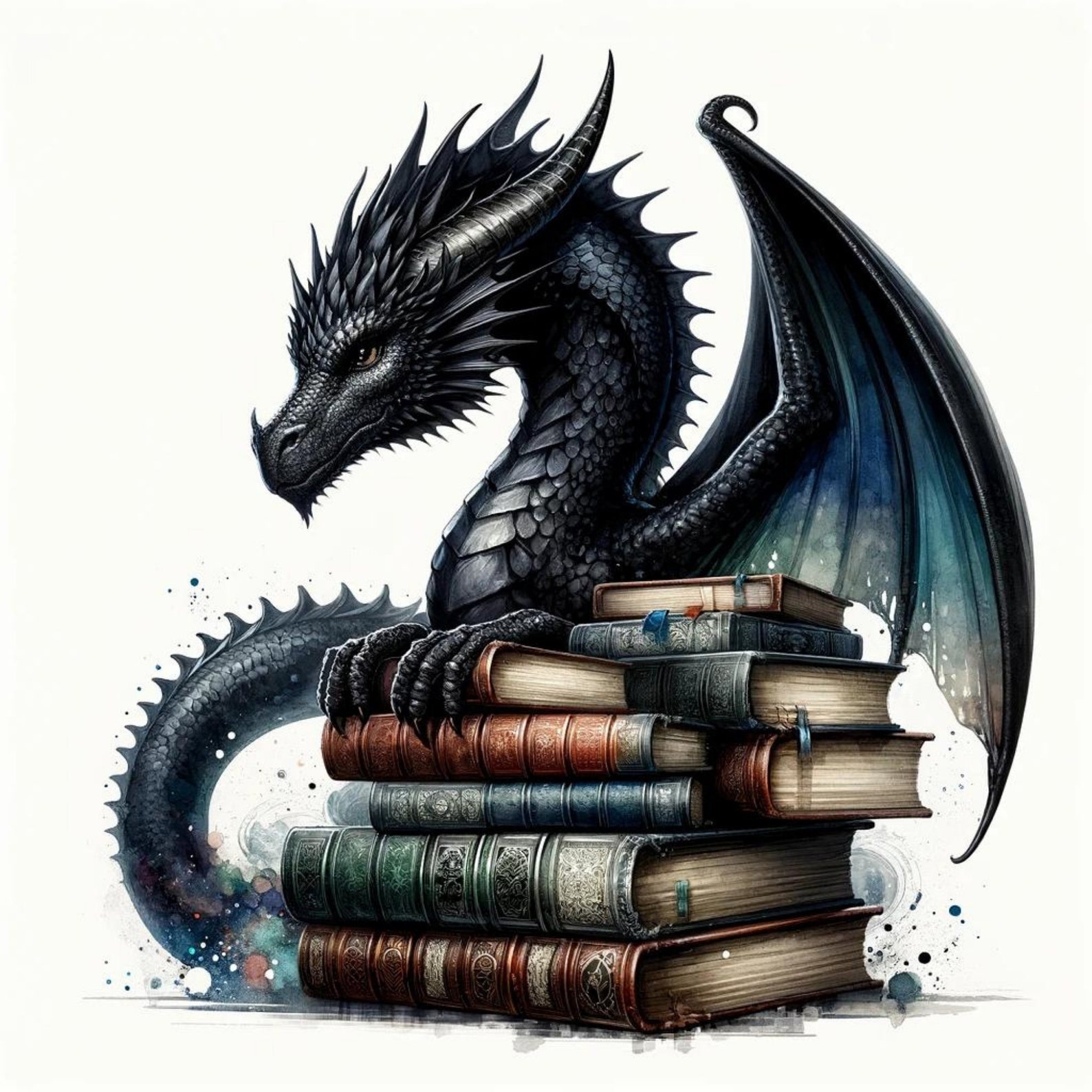 Black Dragon With Books Clipart, Fantasy Dragon Watercolor Clipart Set ...