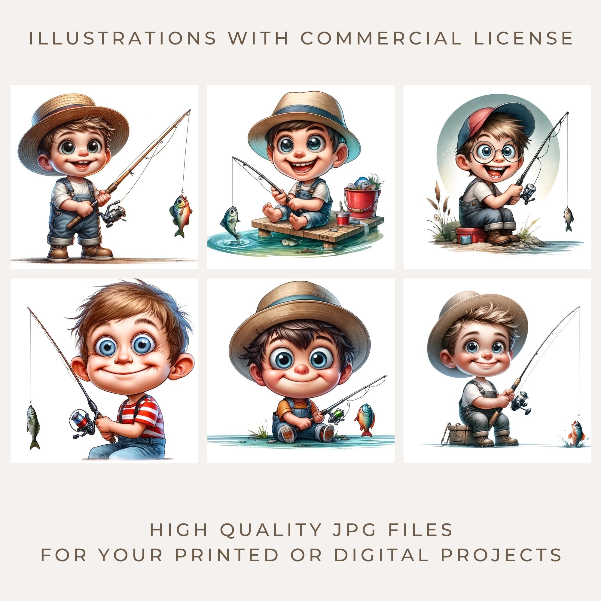 Little Boy Fishing, Instant JPEG Download, Digital Fishing Clipart Set ...