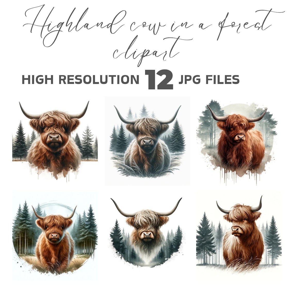 Highland Cow Watercolor Clipart Set, Instant Download for Digital ...