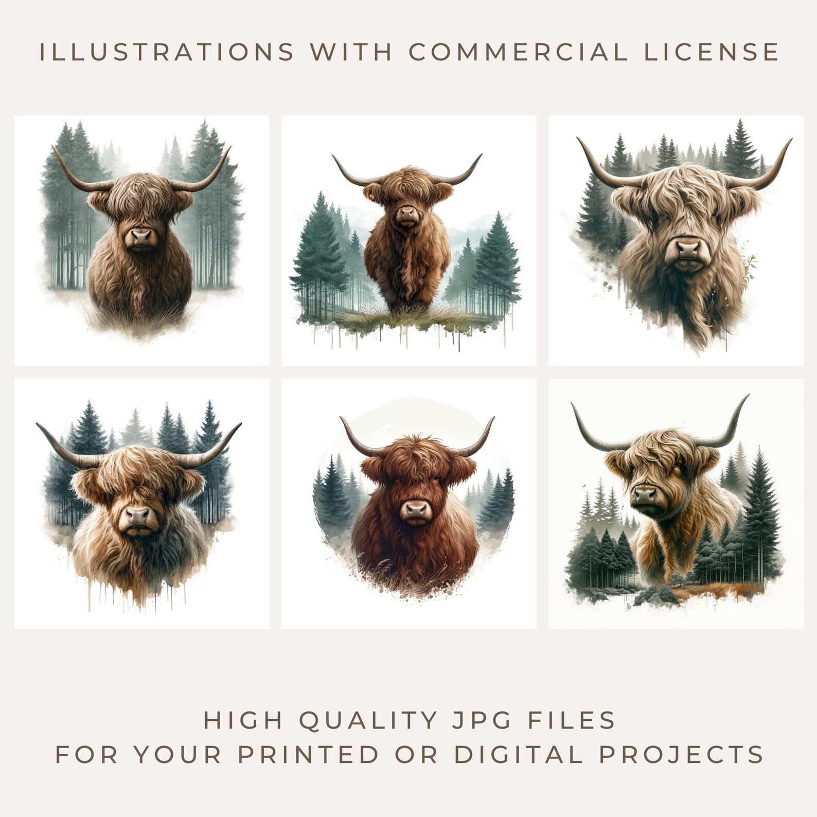 Highland Cow Watercolor Clipart Set, Instant Download for Digital ...