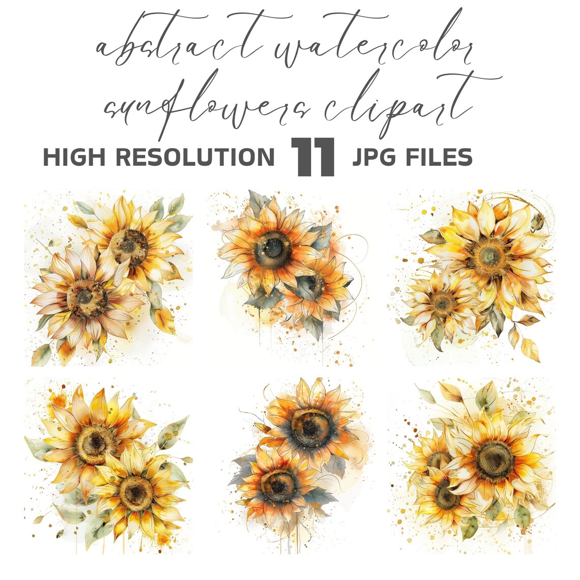 Sunflower Watercolor Clipart Set, Printable Ephemera for Shabby Chic ...