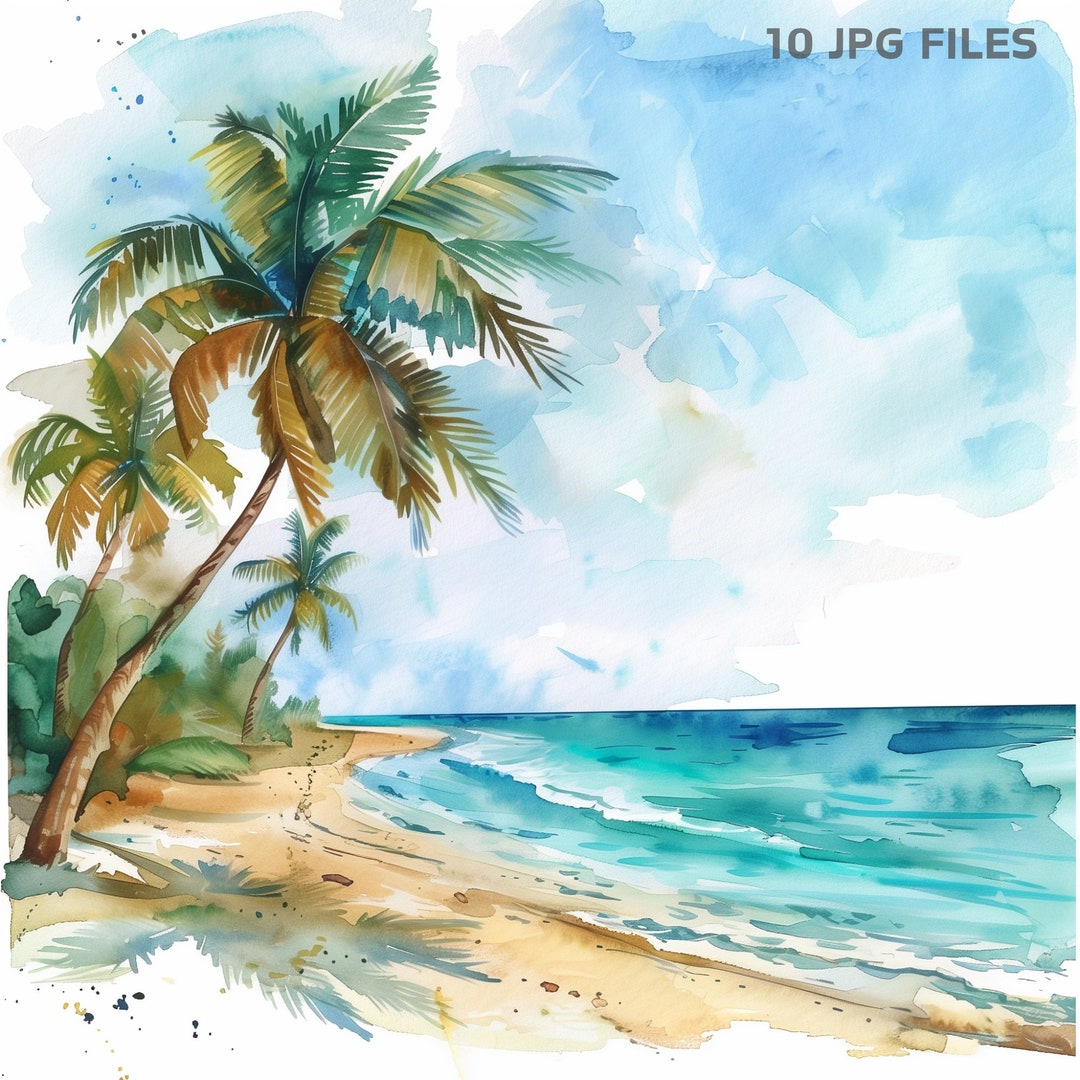 Beach Sunset Landscape Clipart, Digital Watercolor Wall Art for ...