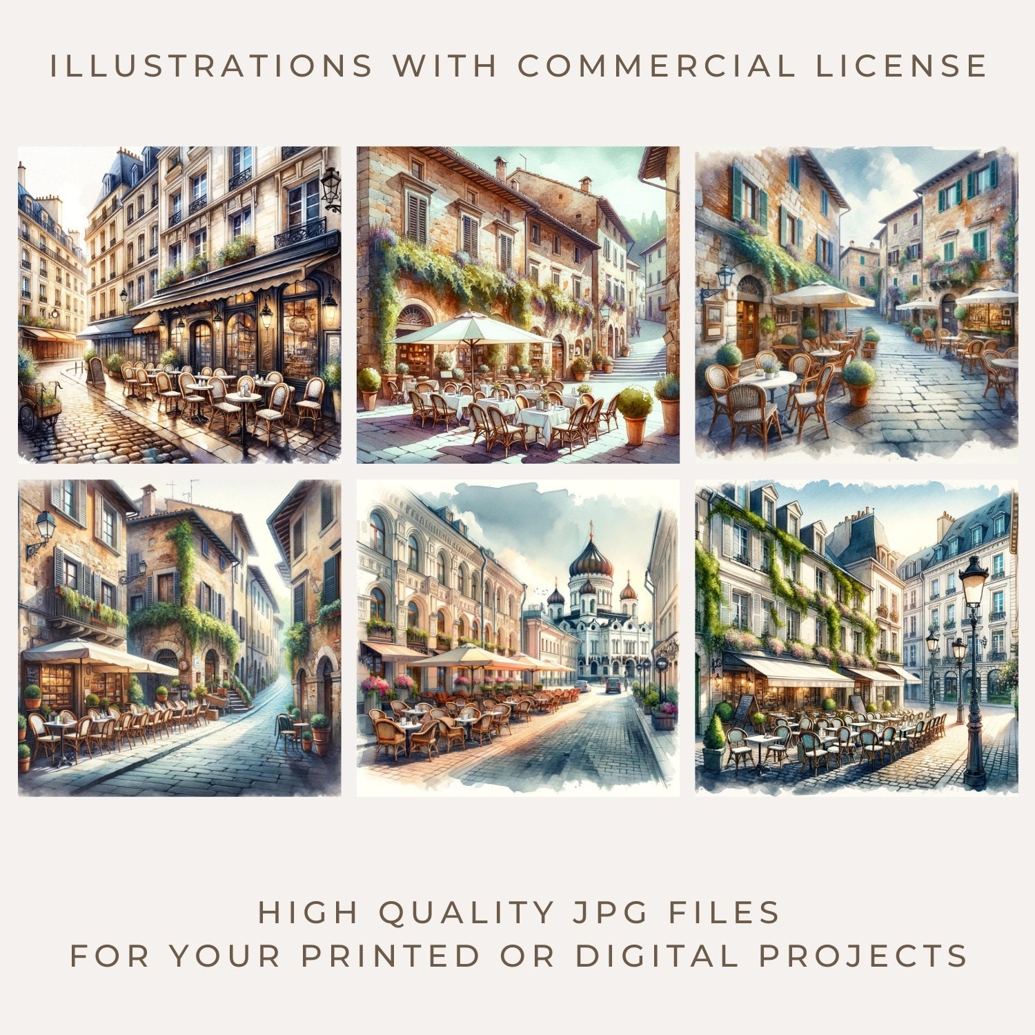 11 Watercolor Cityscape & Cafe in Europe Street JPG Files for ...