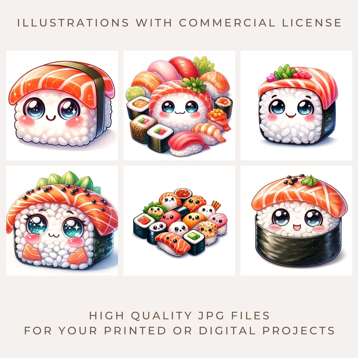 Sushi Food Clipart Bundle, Cute Kawaii Art Digital Download, Digital ...