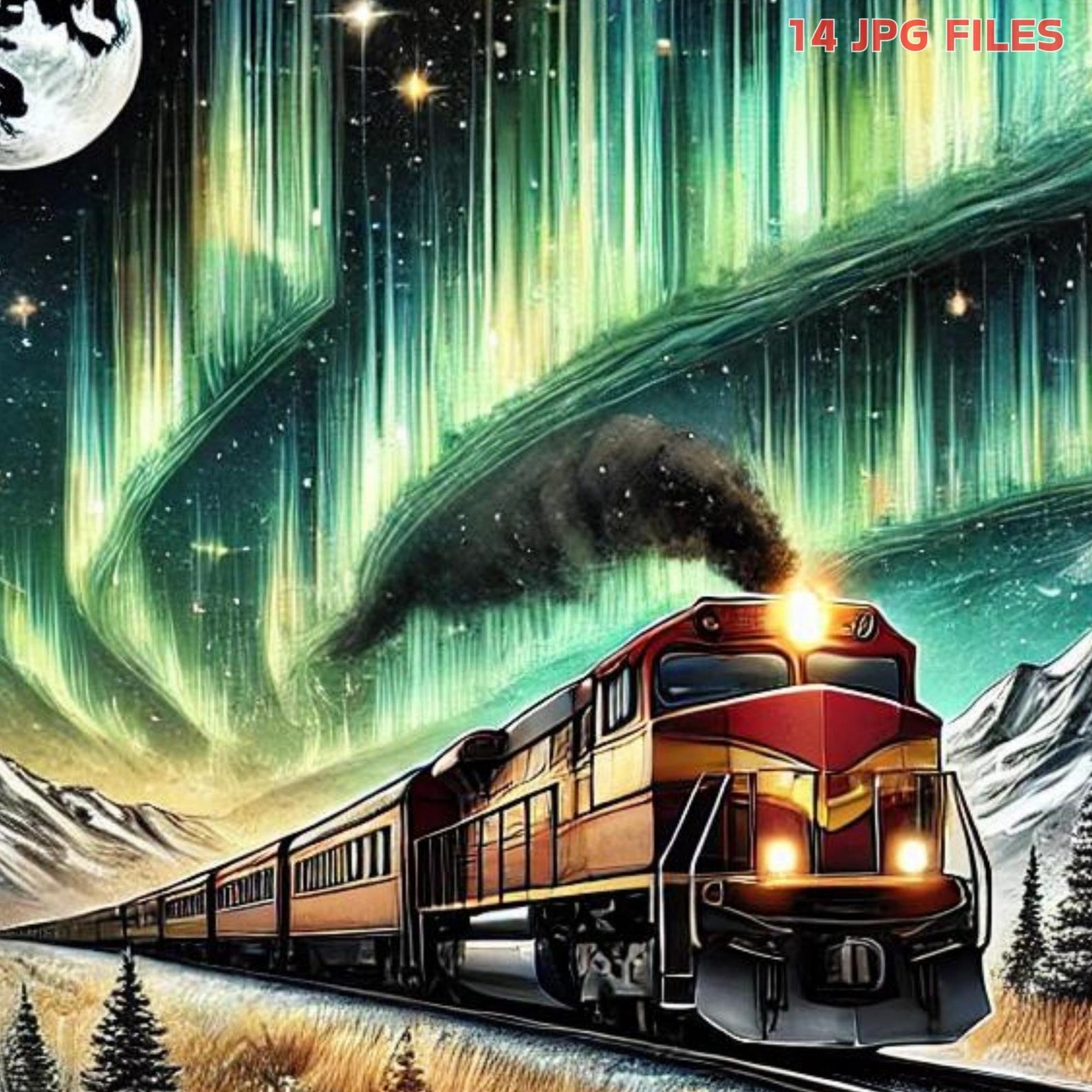 Northern Lights Night Sky Train Clipart, Watercolor Locomotive Images ...