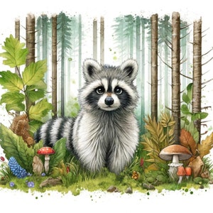 Raccoon in a Forest, Watercolor Animals, Instant Download, Woodland ...