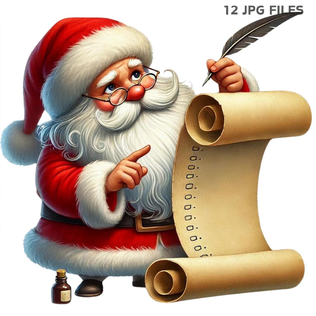 Santa Claus Checking His Long List With a Quill Pen Clipart, Digital ...
