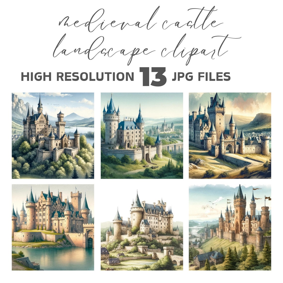 Medieval Castle Watercolor Clipart Bundle, Instant Download JPG Files ...