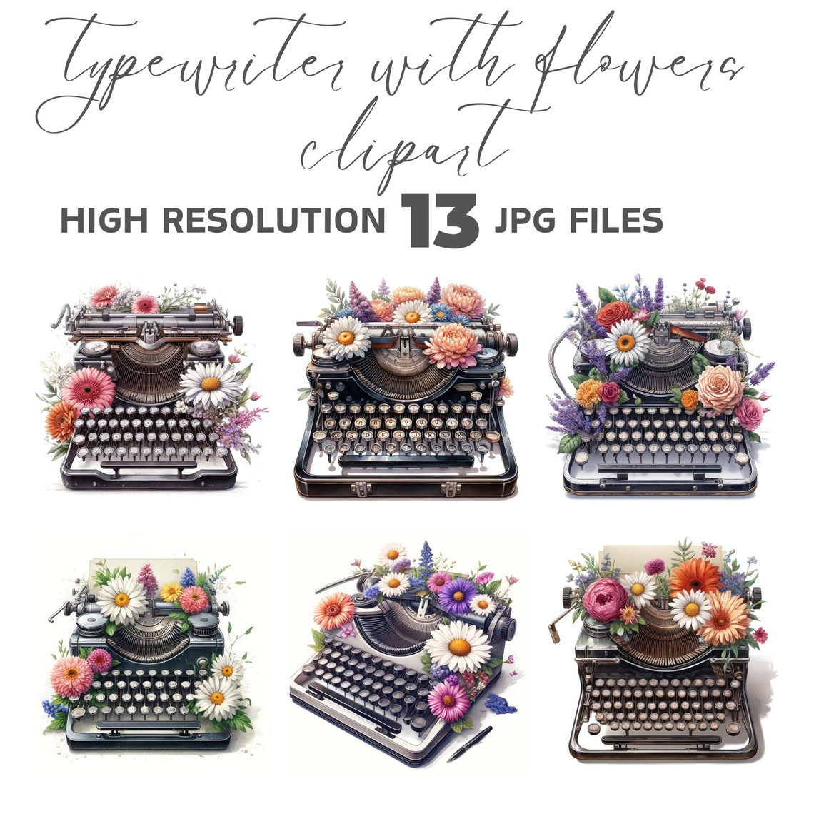 Vintage Typewriter Flowers Clipart for Commercial Use, Collage Images ...