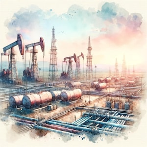 Watercolor Oilfield Landscape, Printable Artwork, Digital File, Oil Rig ...