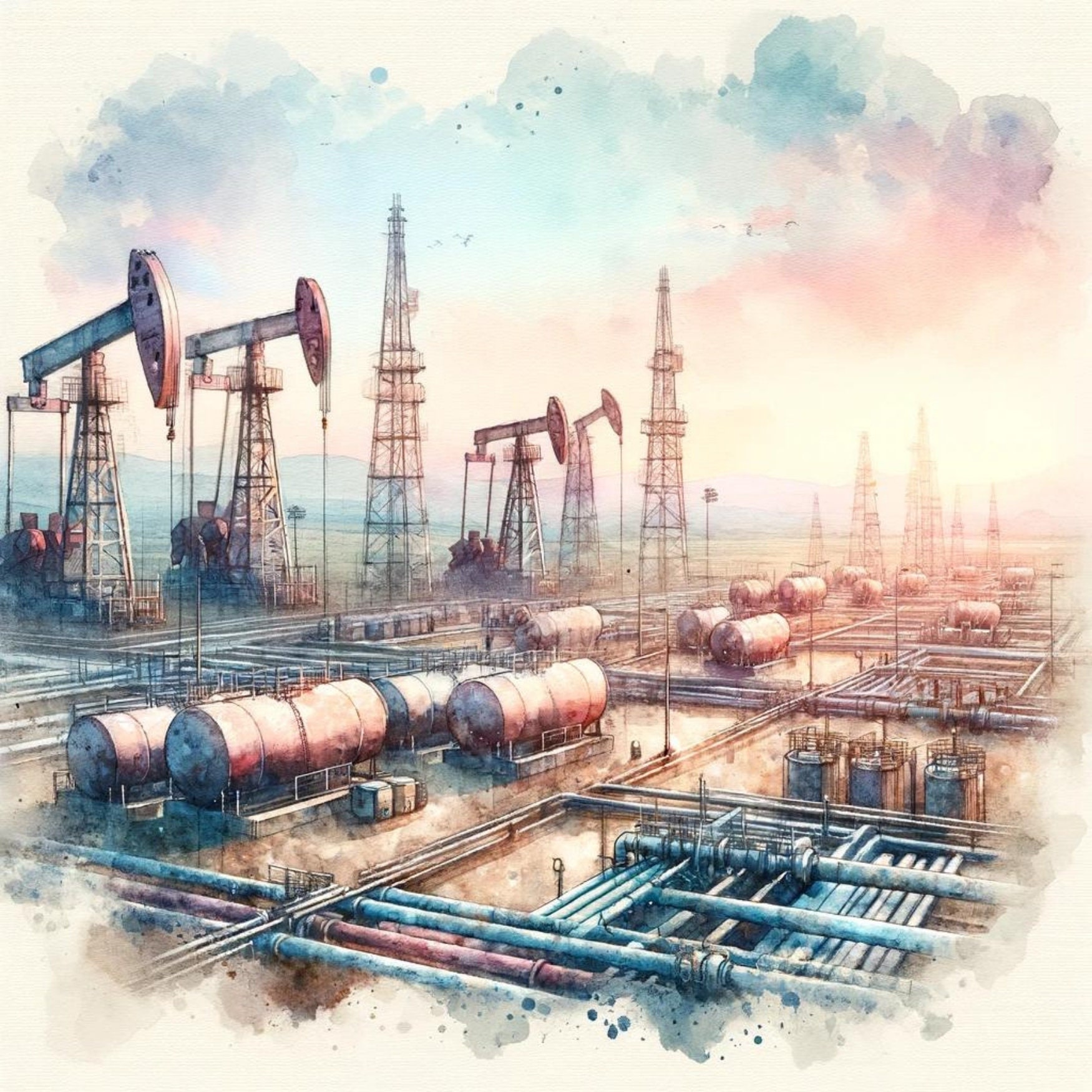 Watercolor Oilfield Landscape, Printable Artwork, Digital File, Oil Rig ...