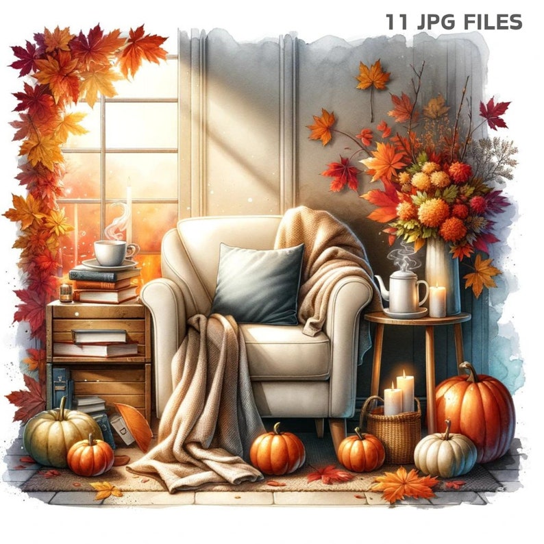 Autumn Cozy Corner Clipart Digital Art Print Watercolor Clipart Bundle ...