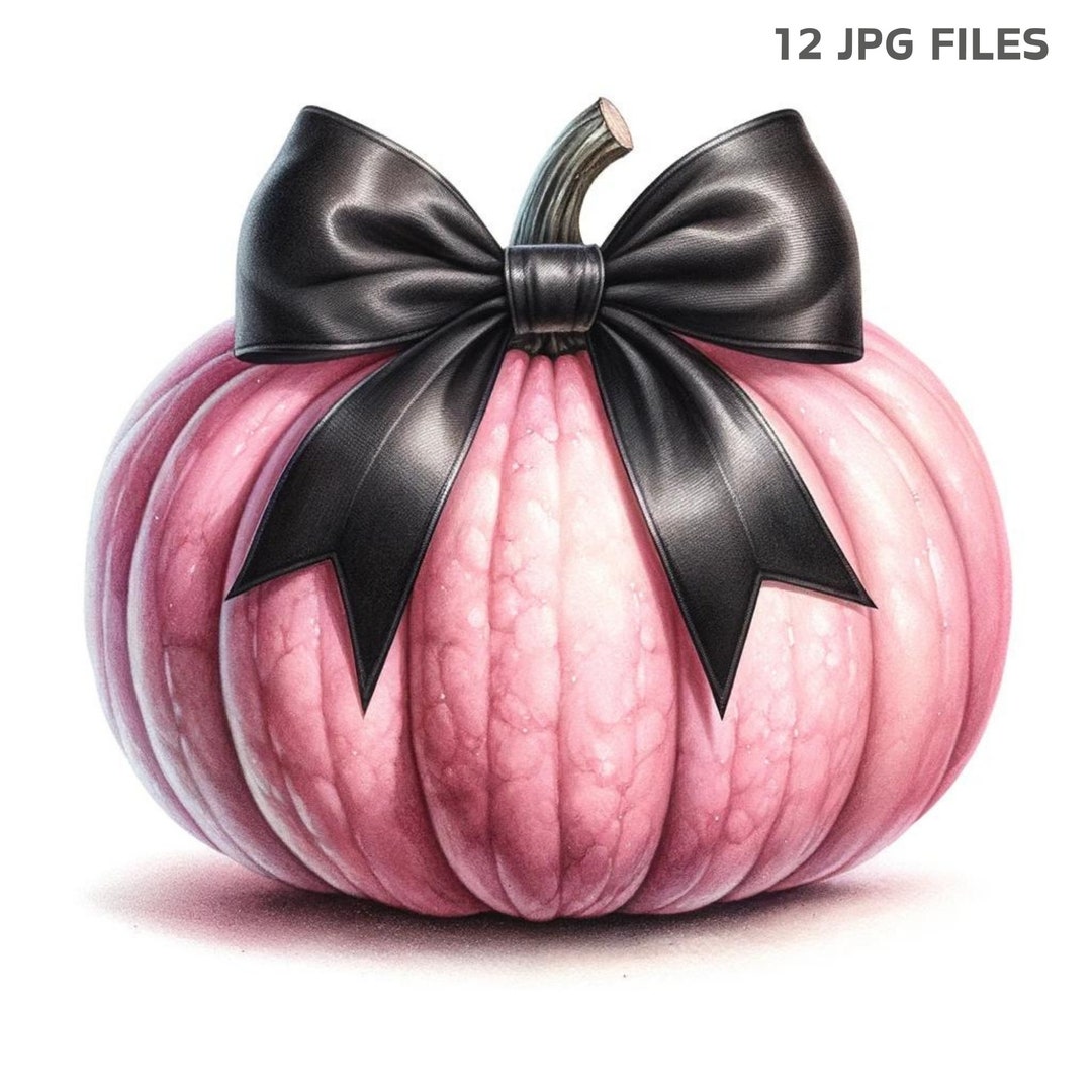 Pink Pumpkin With Black Bow Clipart, Halloween Digital Art Print ...
