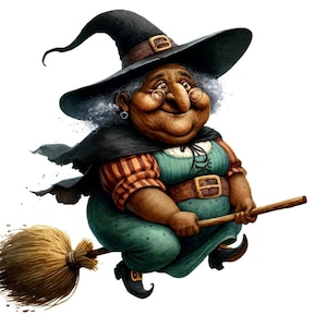 Funny Halloween Fat Old Witch Riding Broomstick Clipart, Watercolor ...