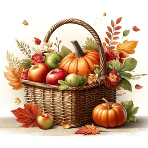 Autumn Basket With Apples, Pumpkins, and Leaves, Digital Watercolor ...