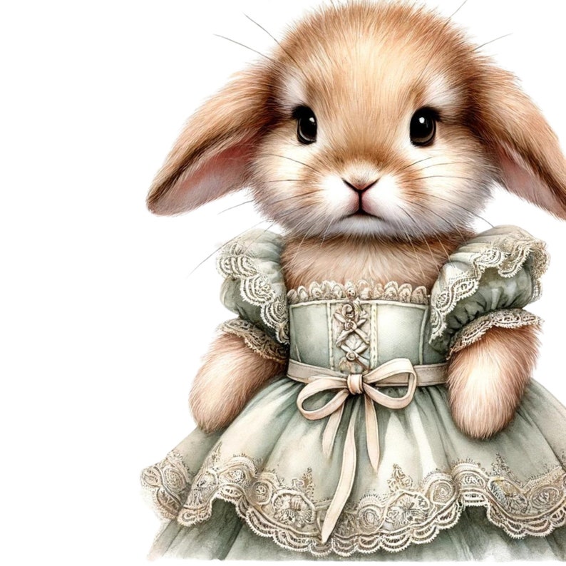 Cute Bunny in a Dress, Vintage Watercolor Bunny Clipart Bundle ...