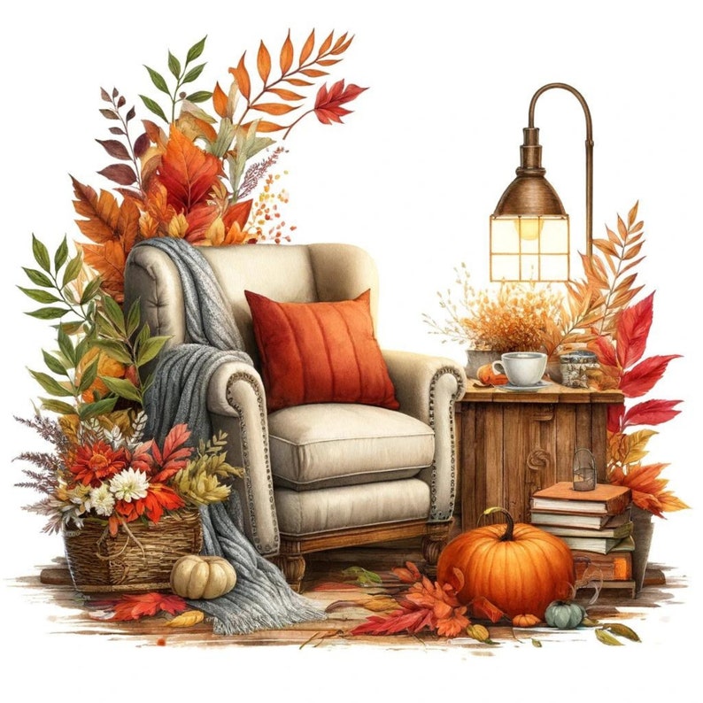 Autumn Cozy Corner Clipart Digital Art Print Watercolor Clipart Bundle ...