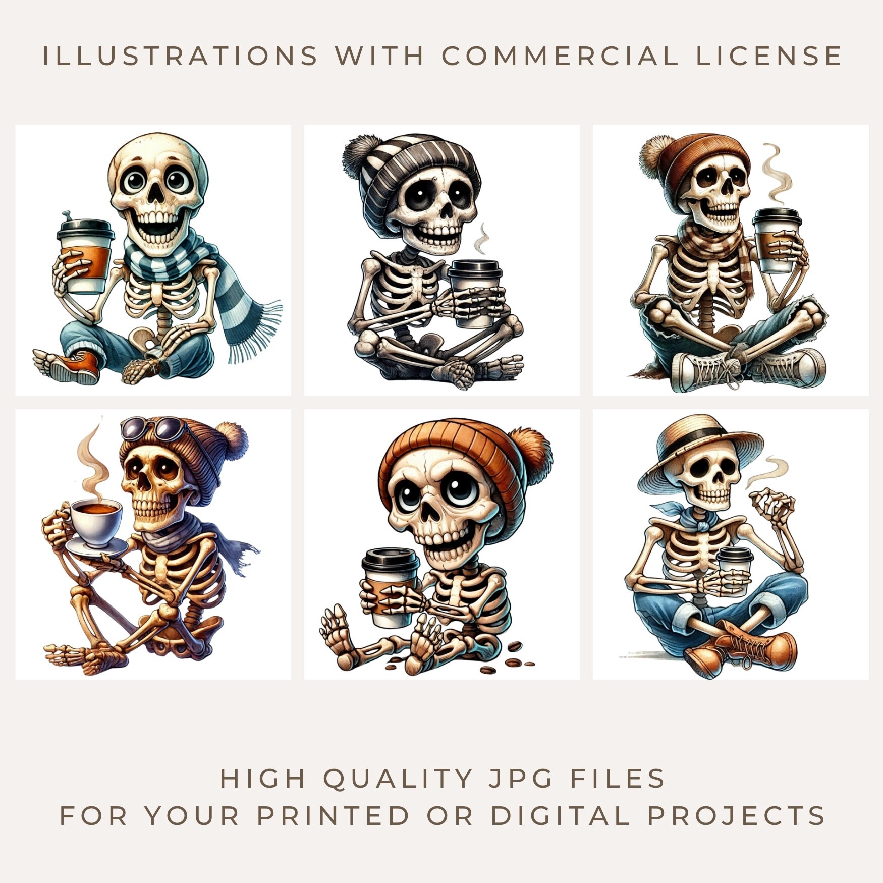 Skeleton With Coffee Cup Clipart, Watercolor Junk Journal Images ...