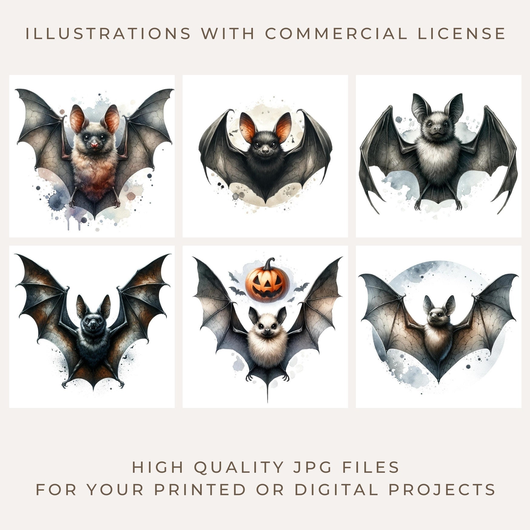 Vintage Watercolor Halloween Bat Clipart Bundle, Digital Crafting ...