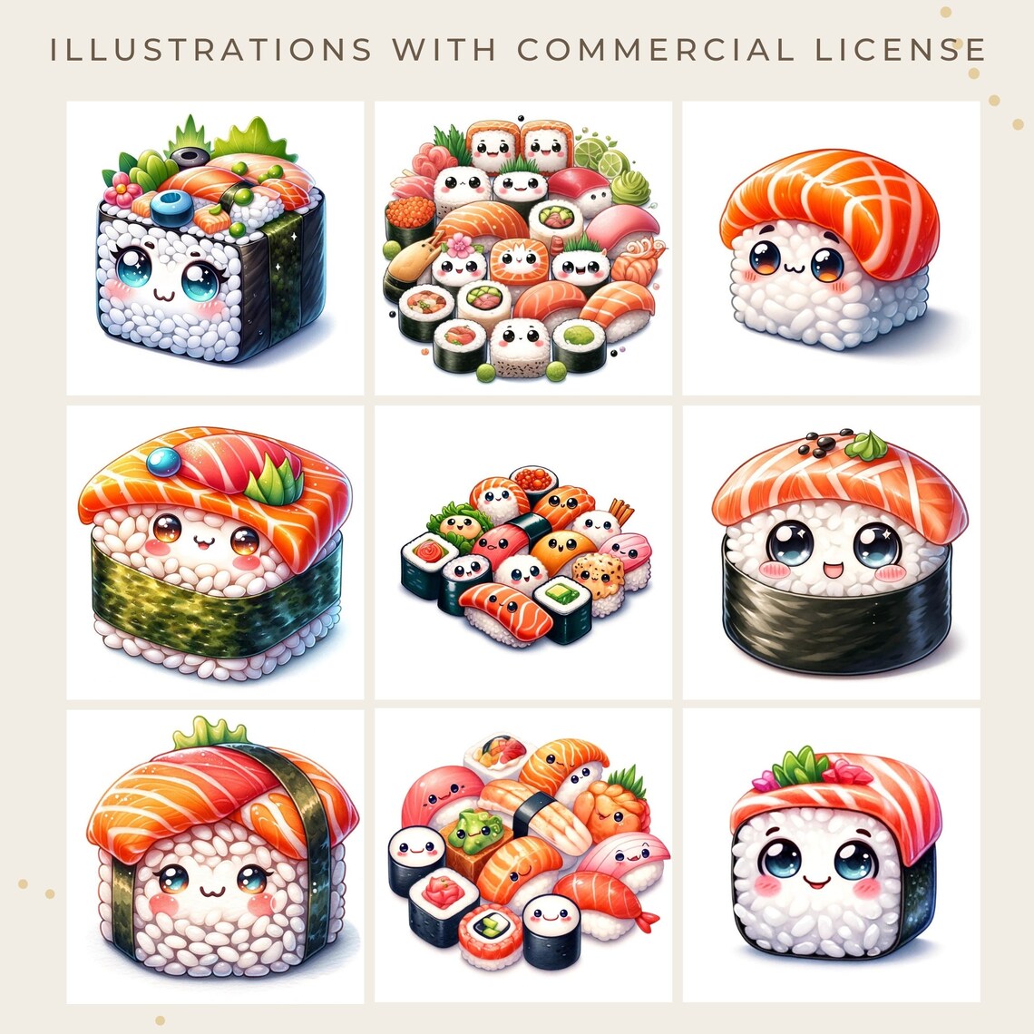 Sushi Food Clipart Bundle, Cute Kawaii Art Digital Download, Digital ...