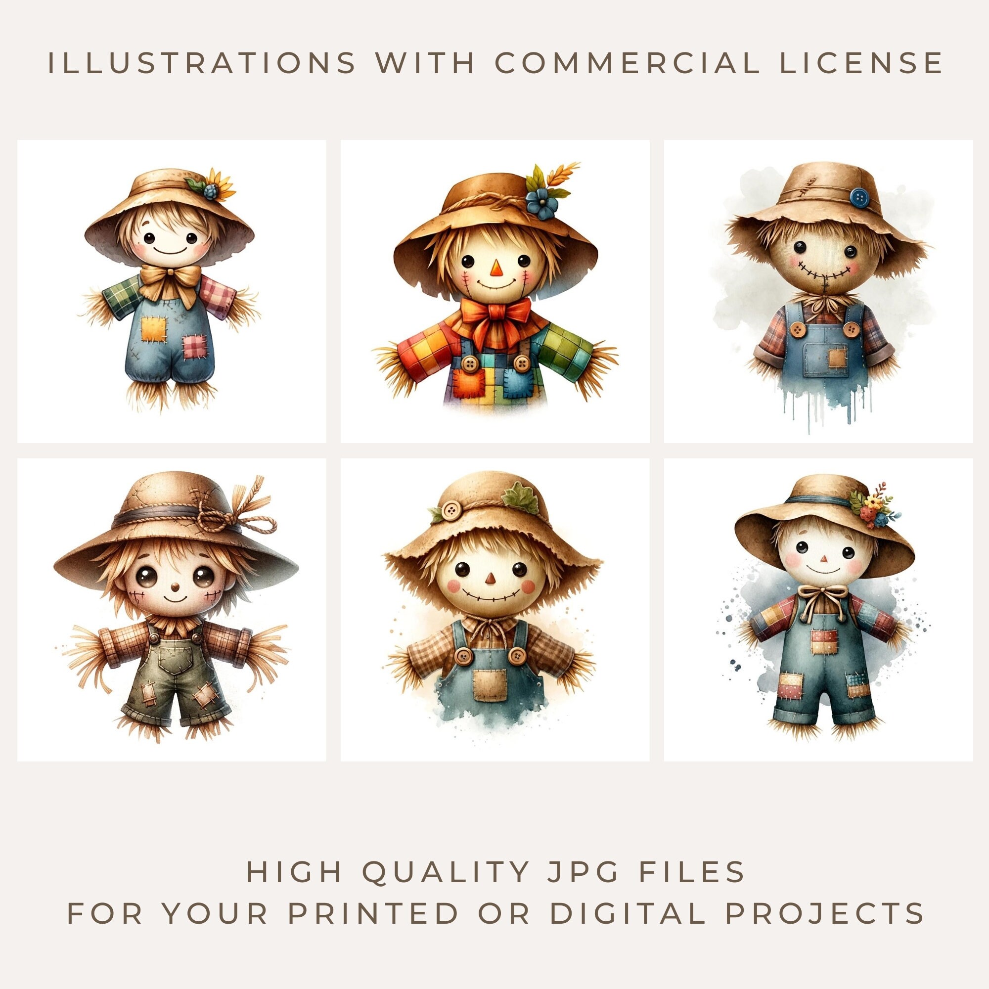 Fall Scarecrow Clipart, Vintage Watercolor Graphics, Digital Crafting ...