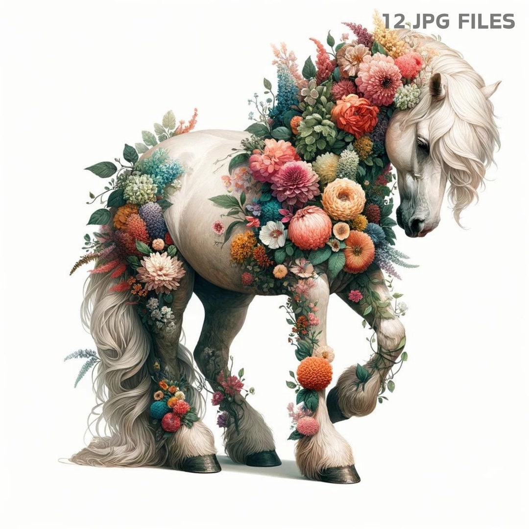 12 Floral Horse Art Printable Instant Download, Watercolor Flowers ...