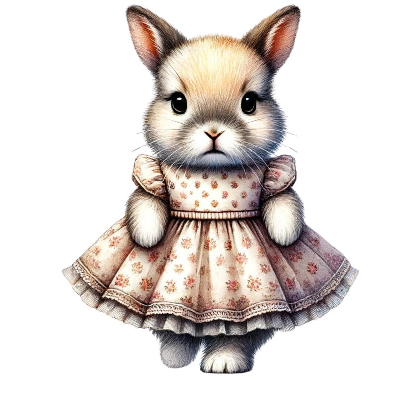 Cute Bunny in a Dress, Vintage Watercolor Bunny Clipart Bundle ...