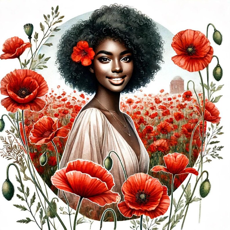 Melanin Woman in Poppy Field, JPG Files, Digital Paper Crafting Kit ...