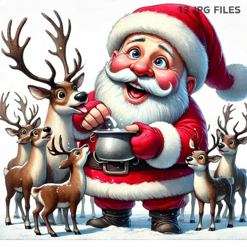 Santa Claus Feeding His Reindeer at the North Pole Clipart,instant ...