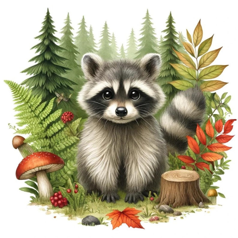 Raccoon in a Forest, Watercolor Animals, Instant Download, Woodland ...
