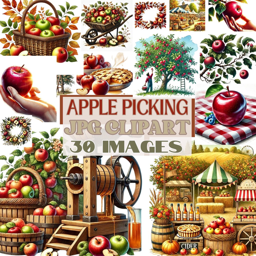 Apple Picking Clipart Watercolor Apple Orchard Apple Pie & Basket ...