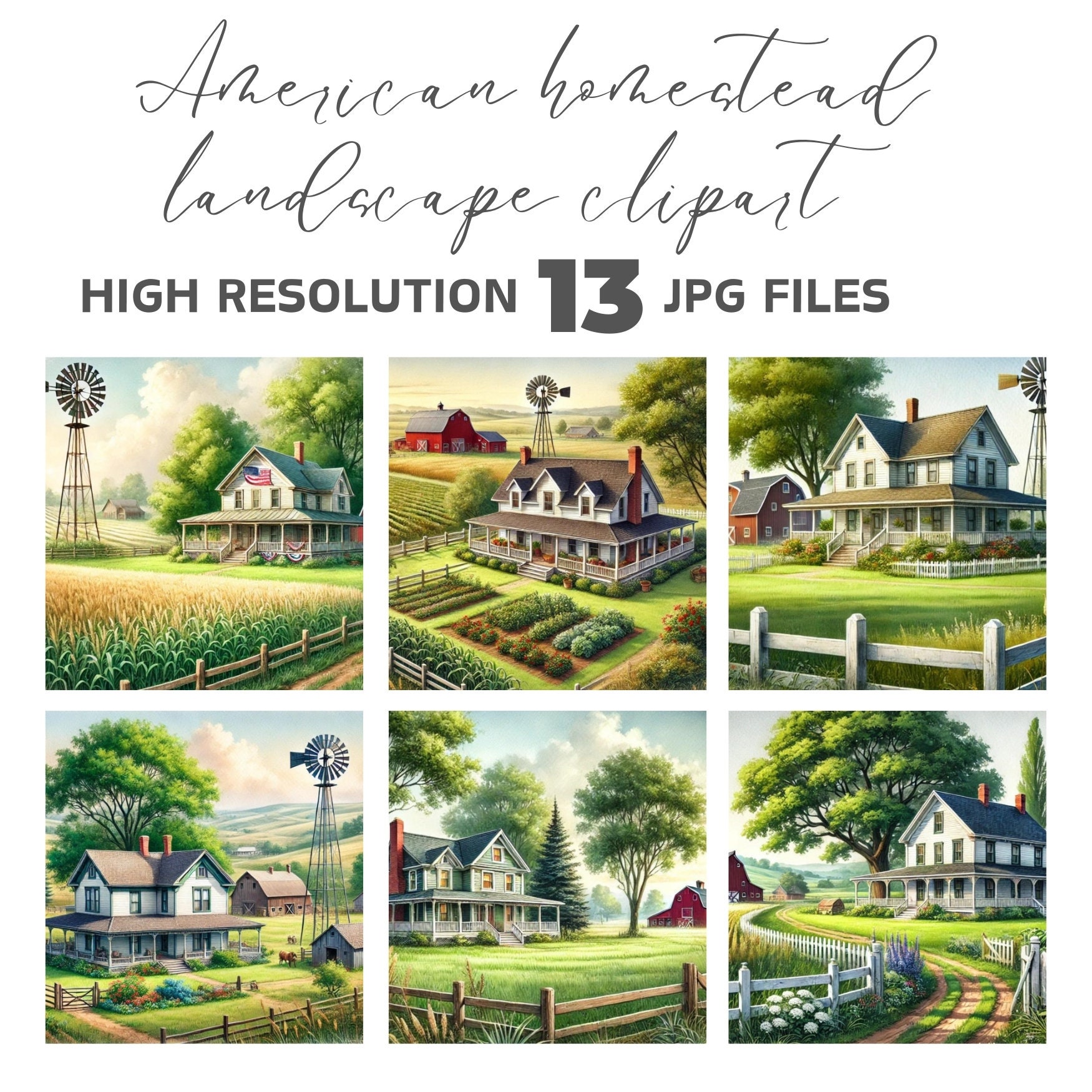 American Homestead Landscape Clipart, Digital Crafting Files for Junk ...